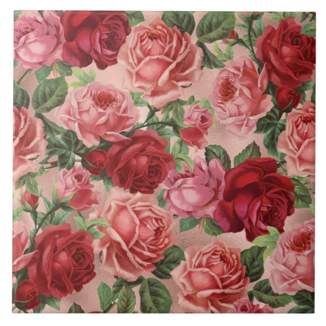 Chic Elegant Vintage Pink Pale red rose floral Ceramic Tile | Zazzle
