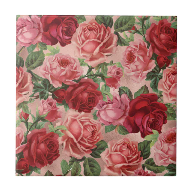 Chic Elegant Vintage Pink Red Roses Floral Ceramic Tile | Zazzle