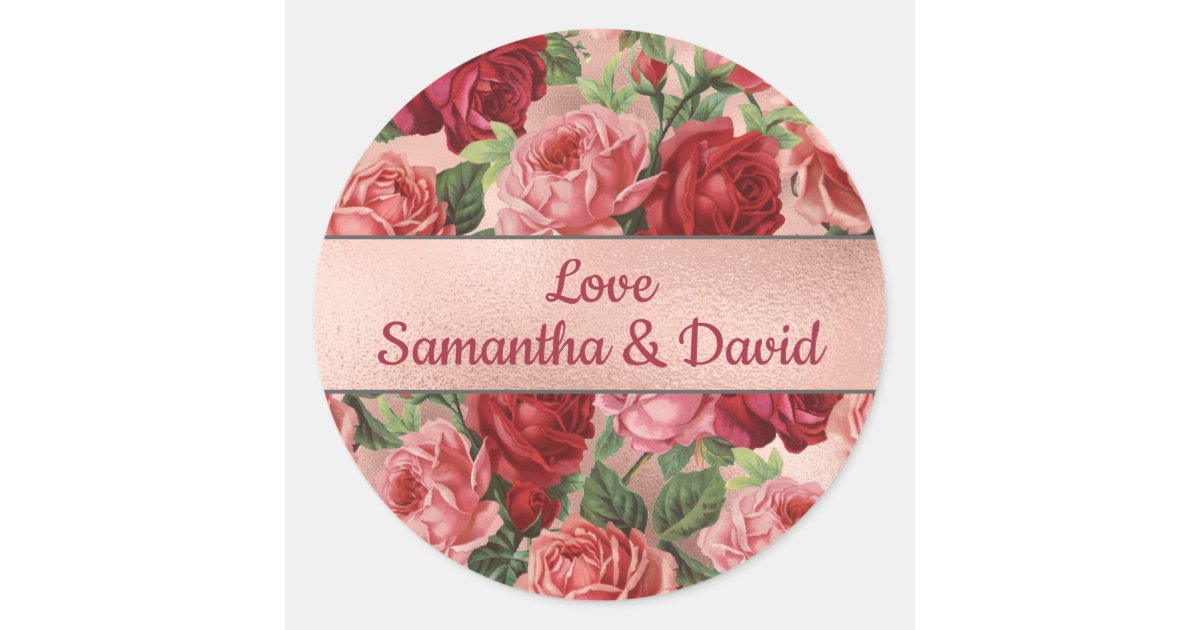 Chic Elegant Vintage Pink Red Roses Floral Classic Round Sticker | Zazzle