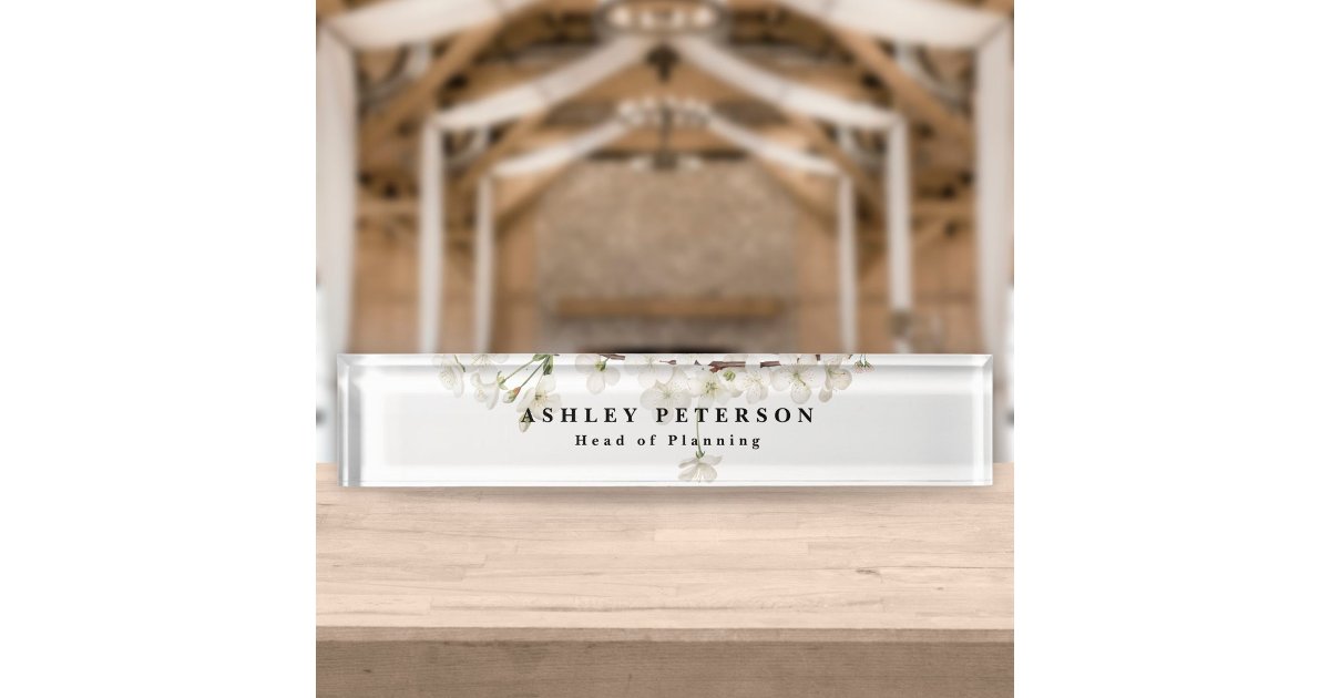 Chic Elegant White Blossom Floral Desk Name Plate | Zazzle