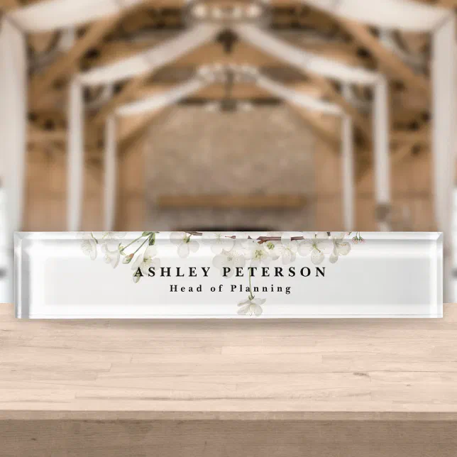 Chic Elegant White Blossom Floral Desk Name Plate | Zazzle