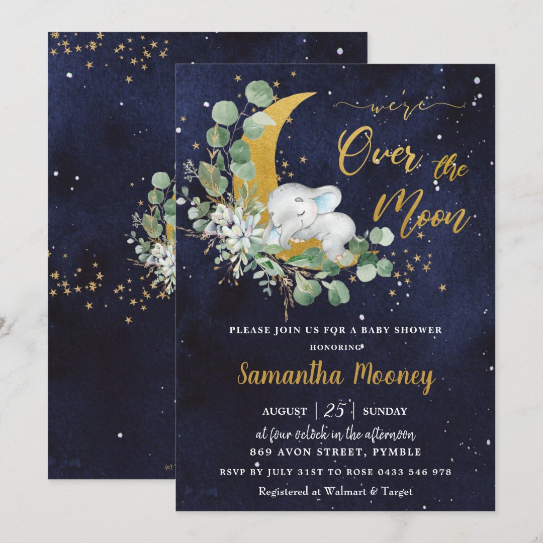 Chic Elephant We're Over the Moon Boy Baby Shower Invitation | Zazzle