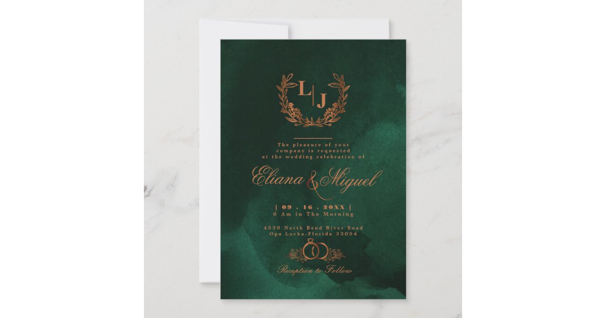 Chic Emerald Copper Calligraphy Monogram Wedding Invitation | Zazzle