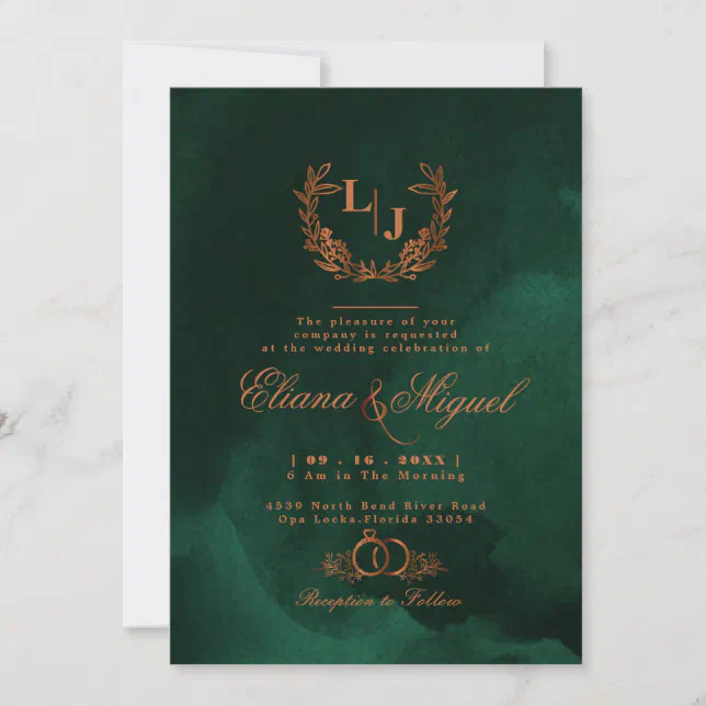 Chic Emerald Copper Calligraphy Monogram Wedding Invitation | Zazzle