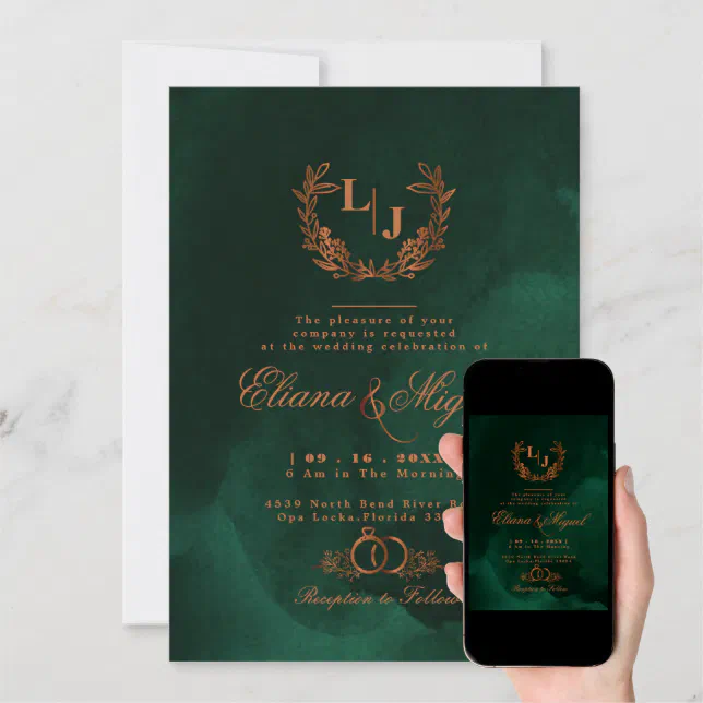 Chic Emerald Copper Calligraphy Monogram Wedding Invitation | Zazzle