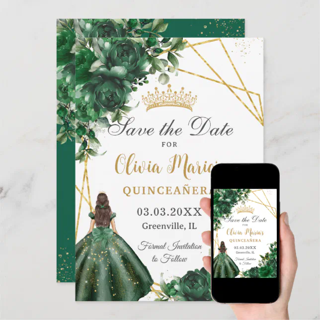 Chic Emerald Green Flowers Princess Quinceañera Save The Date | Zazzle