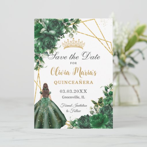 Chic Emerald Green Flowers Princess Quinceañera Save The Date | Zazzle