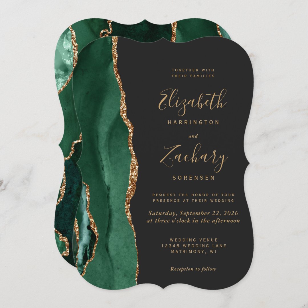 Chic Emerald Green Gold Agate Dark Bracket Wedding Invitation | Zazzle