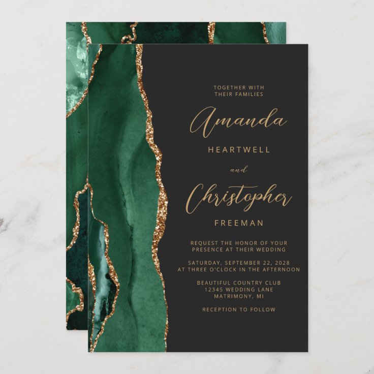 Chic Emerald Green Gold Agate Script Dark Wedding Invitation | Zazzle