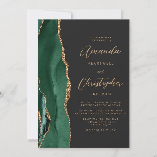 Chic Emerald Green Gold Agate Script Dark Wedding Invitation | Zazzle