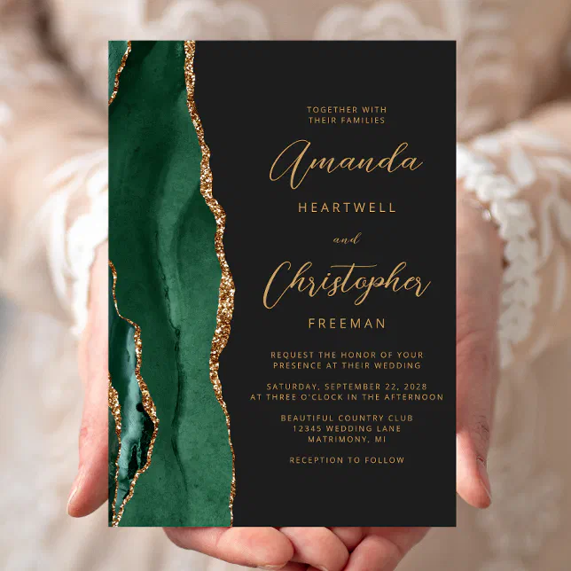 Chic Emerald Green Gold Agate Script Dark Wedding Invitation | Zazzle