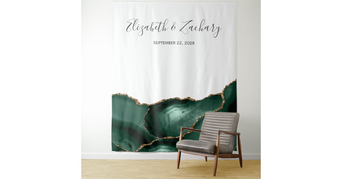 Chic Emerald Green Gold Agate Wedding Photo Booth Tapestry | Zazzle