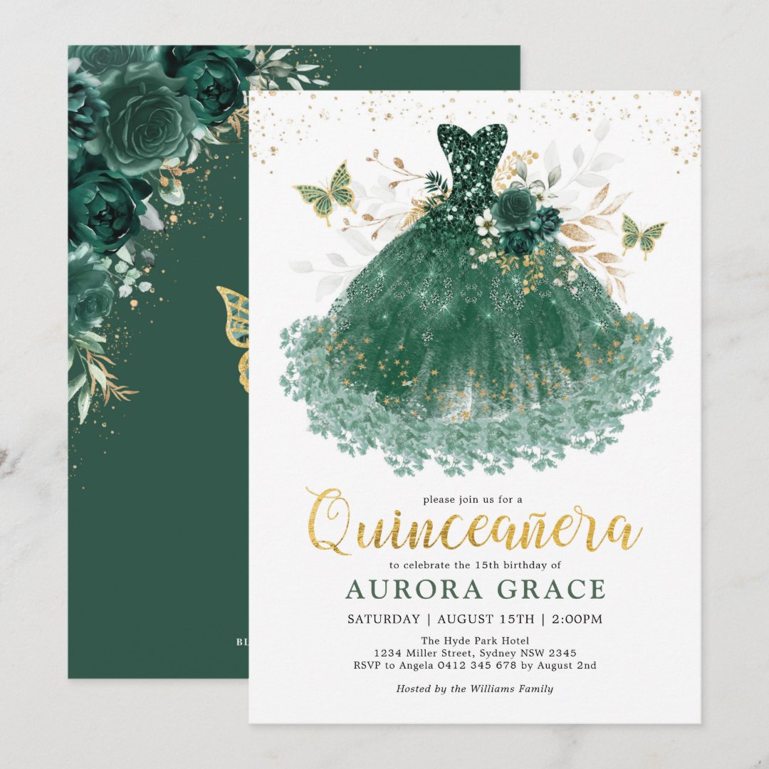 Chic Emerald Green Gold Quinceañera Princess Gown Invitation | Zazzle