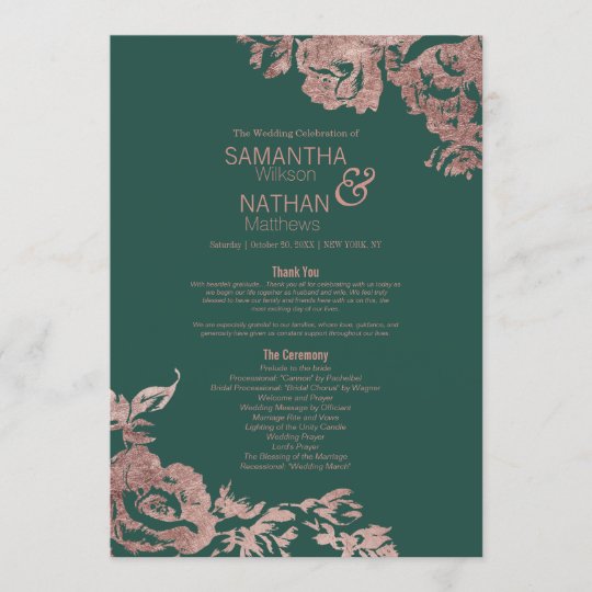 Chic Emerald Green Rose Gold Floral Wedding Program | Zazzle.com