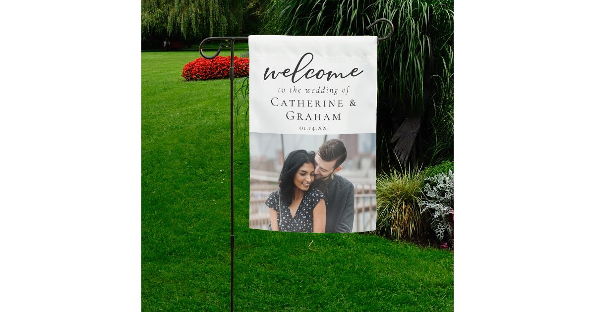 Chic Engagement Couple Photo Wedding Welcome Garden Flag | Zazzle