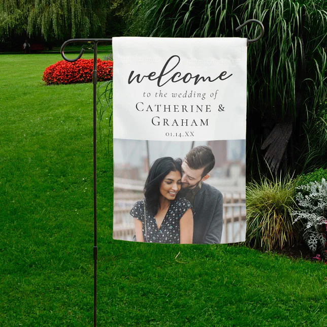 Chic Engagement Couple Photo Wedding Welcome Garden Flag | Zazzle