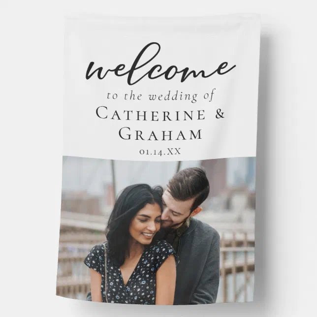 Chic Engagement Couple Photo Wedding Welcome House Flag | Zazzle
