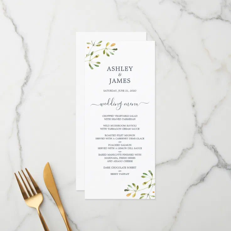 Chic Eucalyptus Foliage Dark Blue Script Wedding Menu | Zazzle