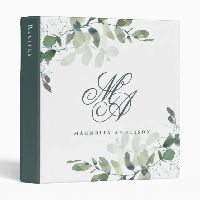 Chic Eucalyptus Monogram Recipe 3 Ring Binder | Zazzle
