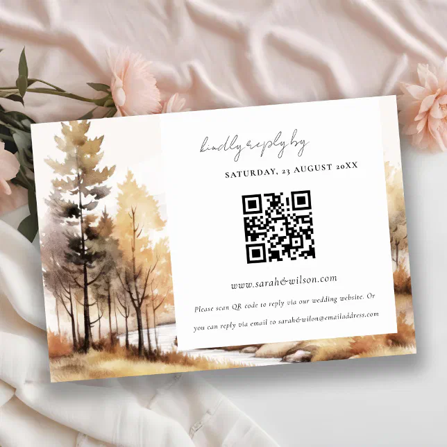 Chic Fall Autumn Landscape Wedding QR Code RSVP Enclosure Card | Zazzle