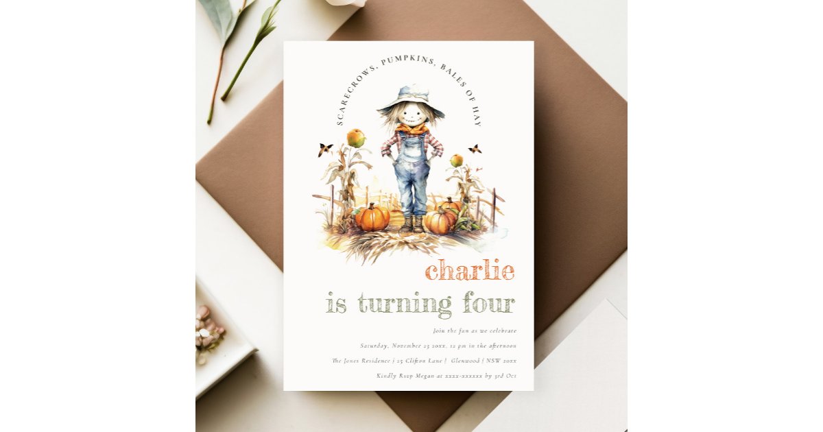 Chic Fall Pumpkin Scarecrow Harvest Kids Birthday Invitation | Zazzle