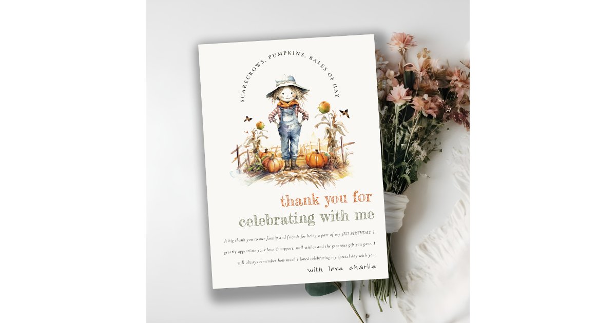 Chic Fall Pumpkin Scarecrow Harvest Kids Birthday Thank You Card | Zazzle