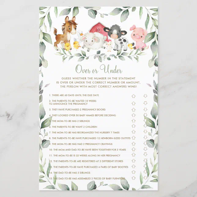Chic Farm Animals Baby Shower Over or Under Game | Zazzle