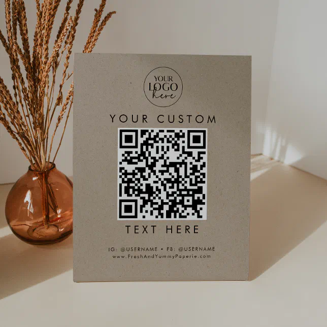 Chic Faux Kraft Business Logo Custom QR Code Pedestal Sign | Zazzle