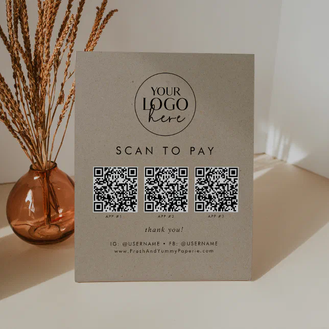 Chic Faux Kraft Business Logo QR Code Scan To Pay Pedestal Sign | Zazzle