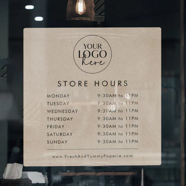Chic Faux Kraft Business Logo Store Hours Window Cling | Zazzle