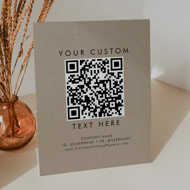 Chic Faux Kraft Business or Wedding Custom QR Code Pedestal Sign | Zazzle