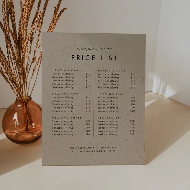 Chic Faux Kraft Business Services Price List Pedestal Sign | Zazzle
