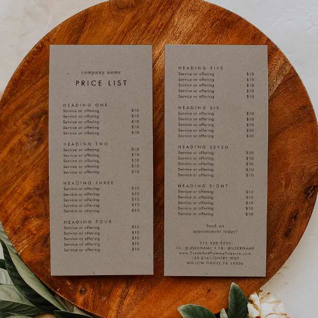 Chic Faux Kraft Double Sided Business Price List Rack Card | Zazzle