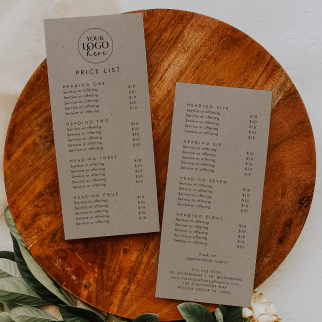 Chic Faux Kraft Logo Business Price List Rack Card | Zazzle