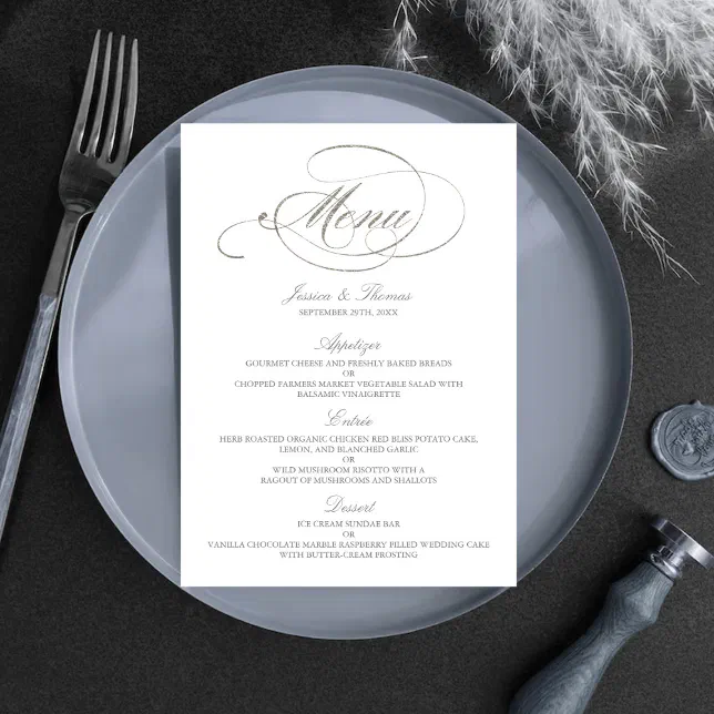 Chic Faux Silver Foil Wedding Menu Template | Zazzle