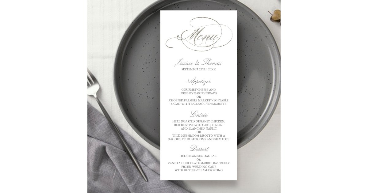 Chic Faux Silver Foil Wedding Menu Template | Zazzle