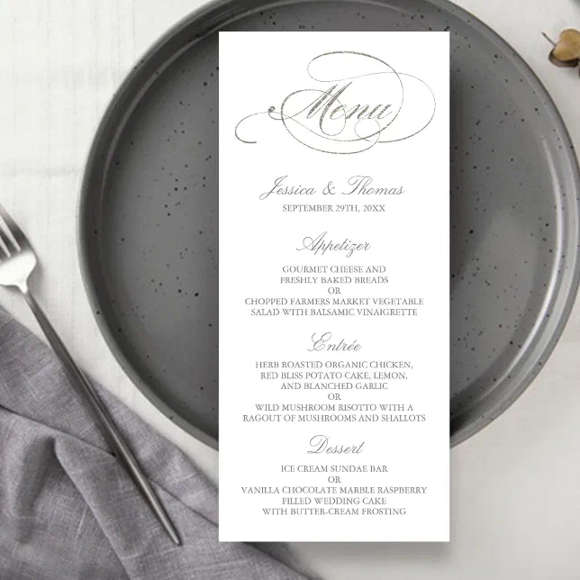 Chic Faux Silver Foil Wedding Menu Template | Zazzle