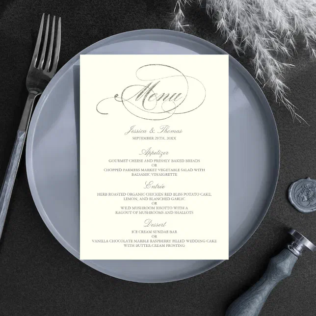 Chic Faux Silver Foil Wedding Menu Template- Ivory | Zazzle