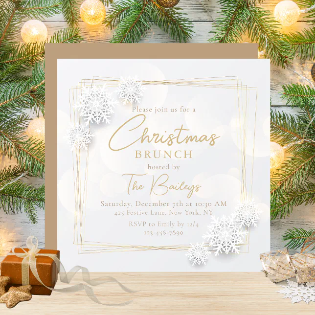 Chic Festive Holiday Snowflakes Christmas Brunch Invitation | Zazzle