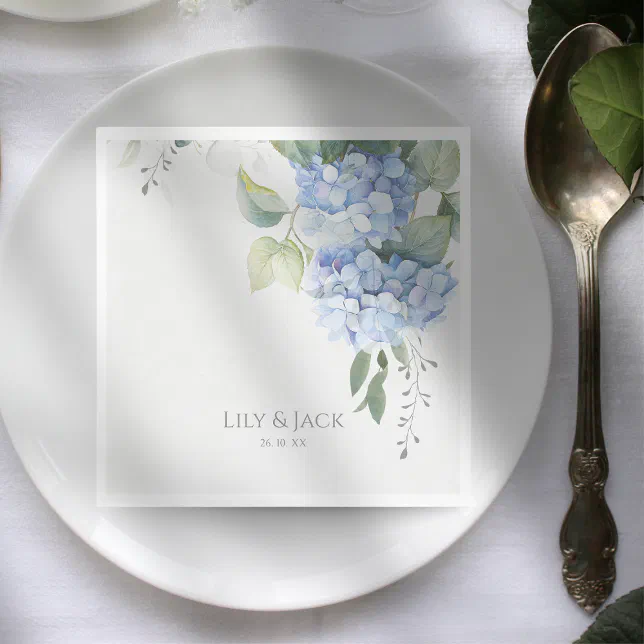 Chic Floral Blue Hydrangea Event Wedding Napkins | Zazzle