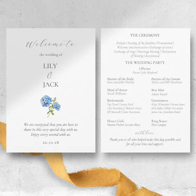 Chic Floral Blue White Hydrangea Wedding Program | Zazzle