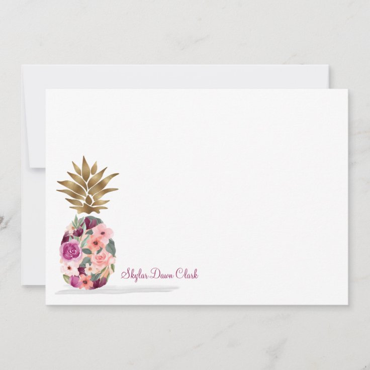 Chic Floral Botanical Watercolor Golden Pineapple Note Card | Zazzle