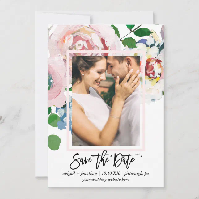 Chic Floral Bouquet with Brush Script Two Photo Save The Date | Zazzle