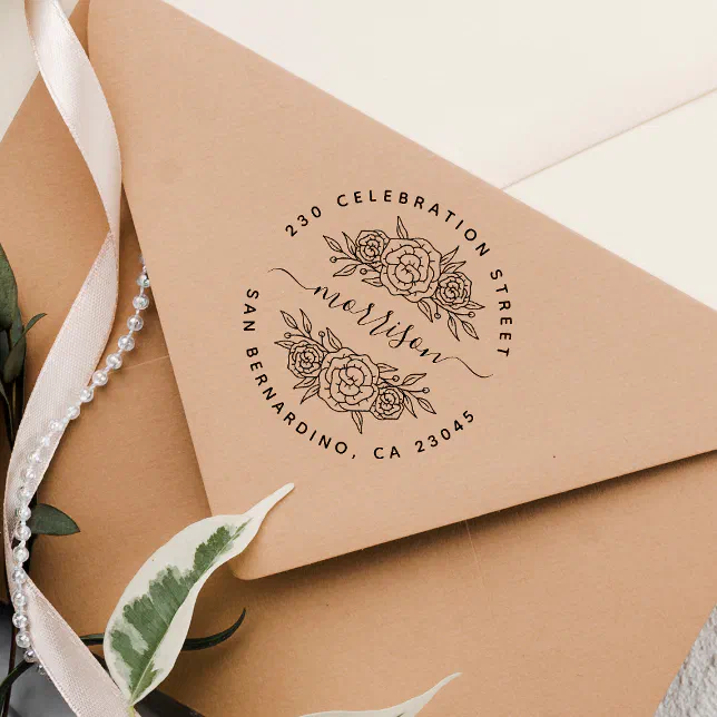 Chic Floral Custom Script Name & Return Address Rubber Stamp | Zazzle