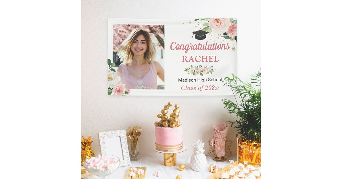 Chic Floral Gold Graduation Celebration Photo Banner | Zazzle