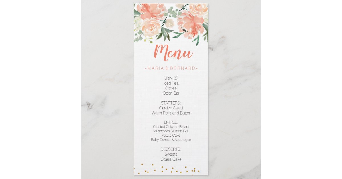 Chic Floral Peach Gold Menu Card | Zazzle