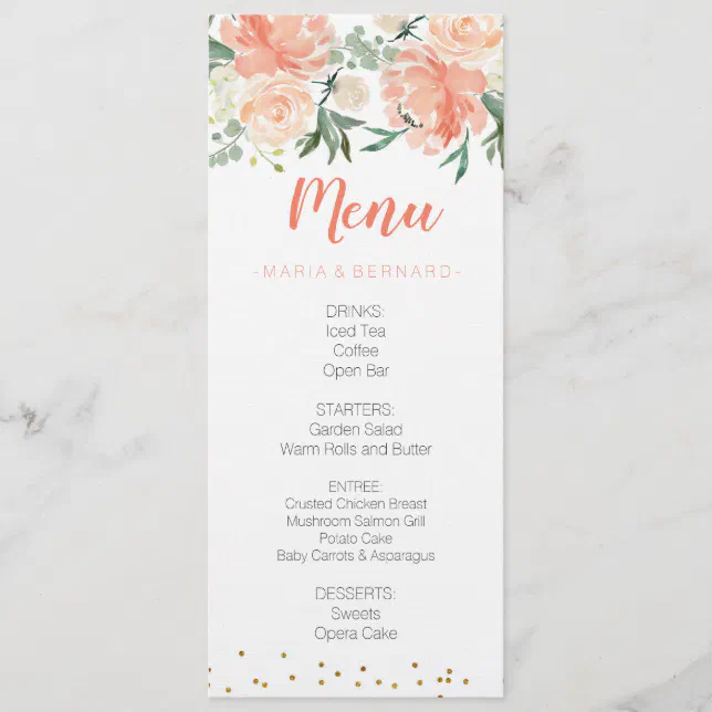 Chic Floral Peach Gold Menu Card | Zazzle