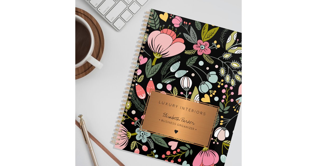 Chic floral pink black gold business planner | Zazzle