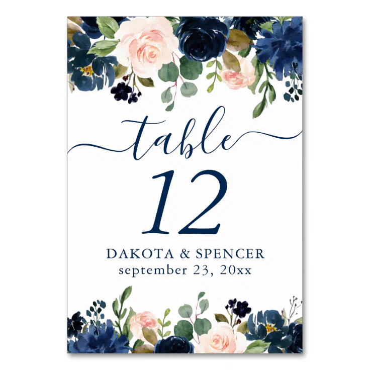 Chic Floral | Romantic Blush Pink and Navy Blue Table Number | Zazzle