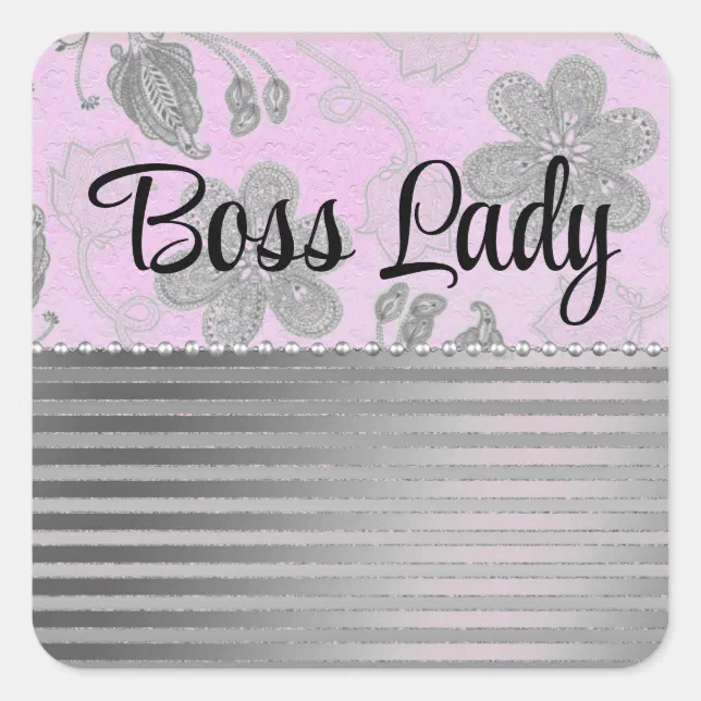 Chic Floral Stripes Boss Lady Personalized Square Sticker | Zazzle